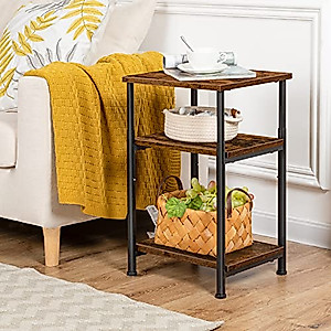 HOOBRO Side Table, Height-Adjustable Nightstand with Storage Shelves, 3-Tier Tall Industrial End Table, Coffee Table, for Living Room, Bedroom, Study, Solid Structure, Rustic Brown BF65BZ01