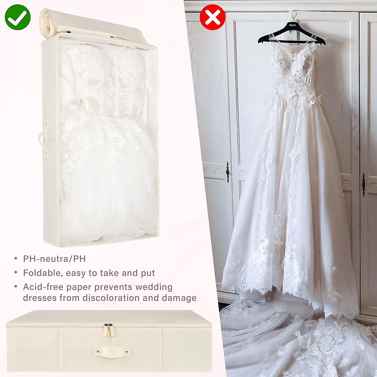 Wedding Dress Storage Box - Wedding Dress Preservation Box with 1 Pair Microfiber Gloves and 20 Sheets of Acid Free Tissue Paper, Bridal Essentials, Heirloom Breathable Wedding Keepsake Box (Beige)