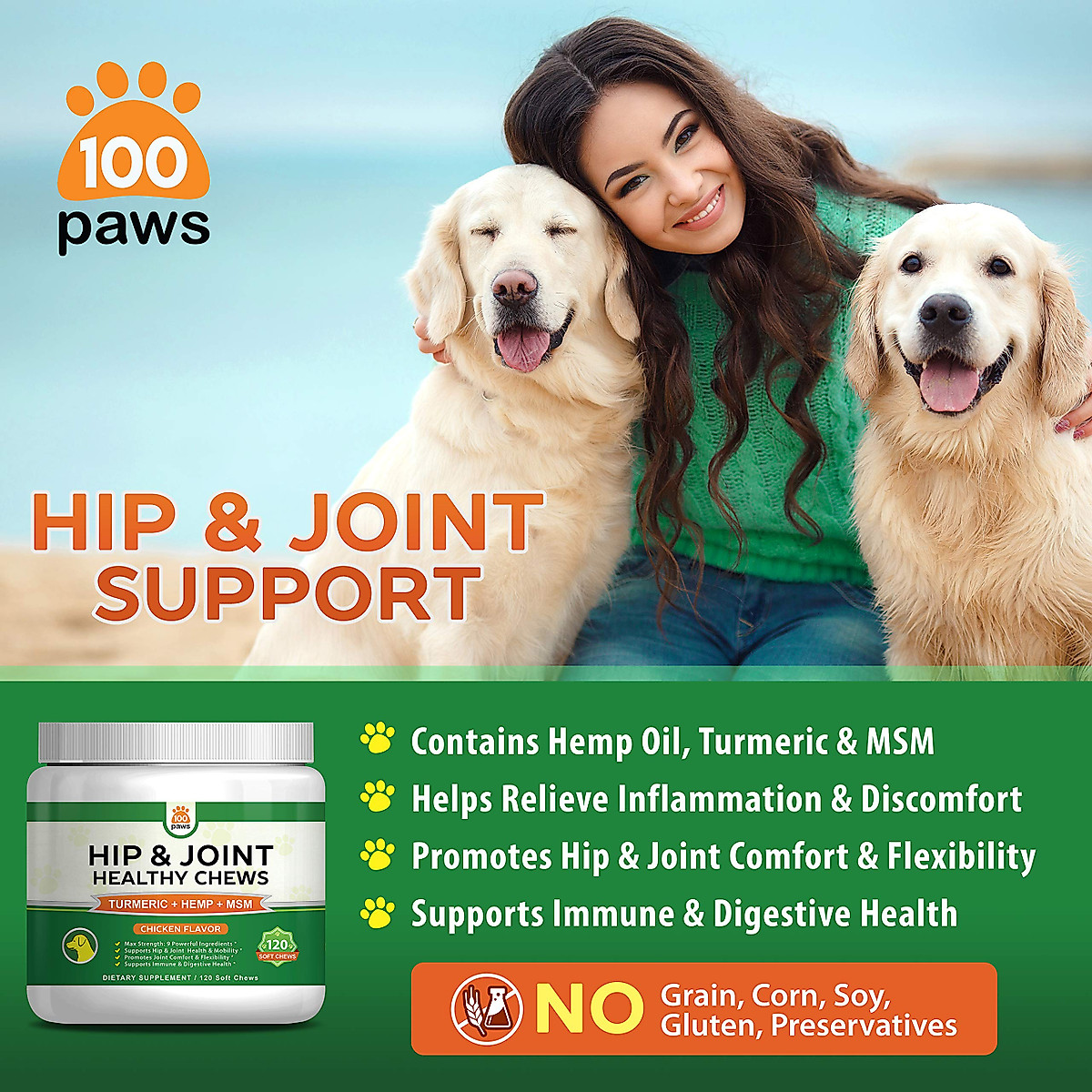 100 Paws Hip & Joint Supplement for Dogs - Hemp Oil Infused Soft Chews Dog Treats w/Glucosamine, Turmeric, Chondroitin, MSM & Omega 3 6 9 -Supports Pet Mobility & Pain Relief-120 Treat Bites