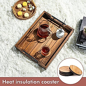 Berry Store Ottoman Tray with Handle for Living Room – Set of 4 Natural Wooden Coasters – Rustic Serving Tray for Coffee Table – Kitchen Decorative Tray with Handles (Rustic Brown)