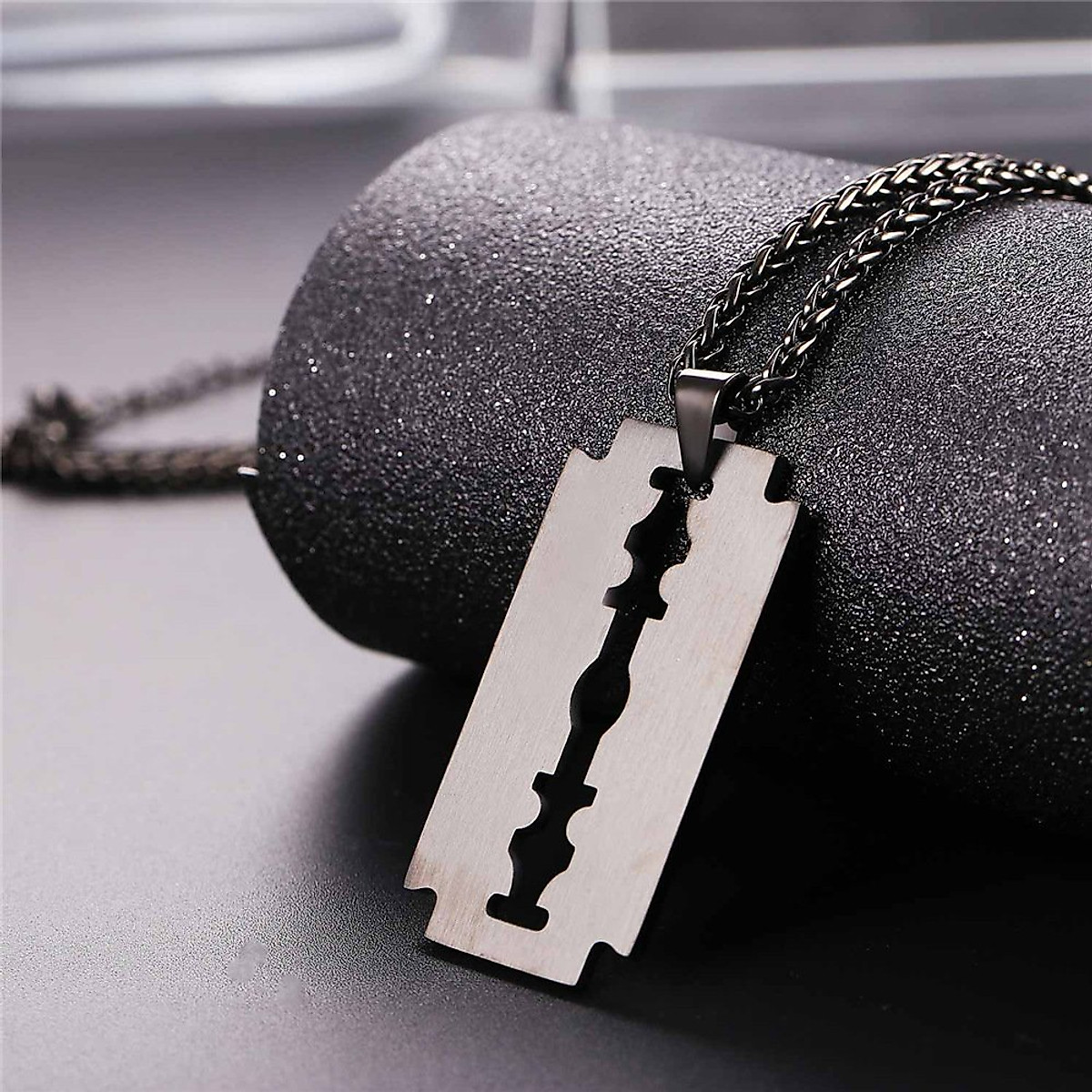 U7 Punk Jewelry Edgy Necklace with Black Wheat Rope Chain Ion Plating Black Men Razor Blade Pendant