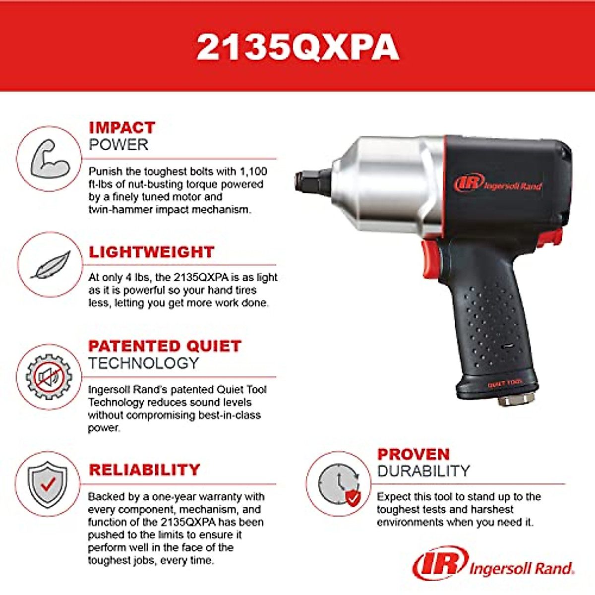 Ingersoll Rand 2135QXPA 1/2" Drive Air Impact Wrench, Quiet Technology, 1,100 ft-lbs Powerful Nut Busting Torque, Lightweight, Black