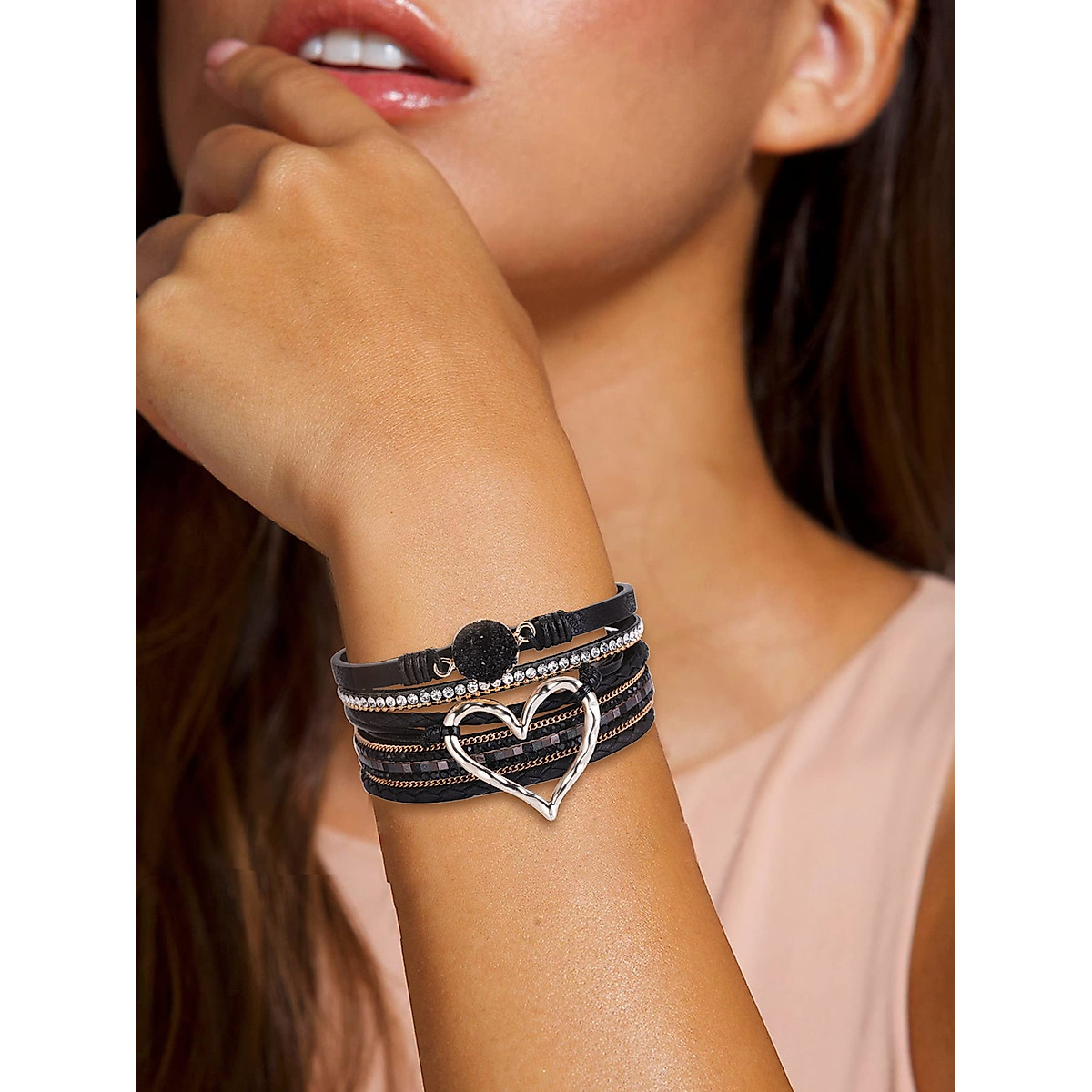 Dcfywl731 Multilayer Wrap Leather Bracelet Heart Modern Boho Bracelet Clasp Cuff Rhinestone Leather Bracelets for Women (Black)