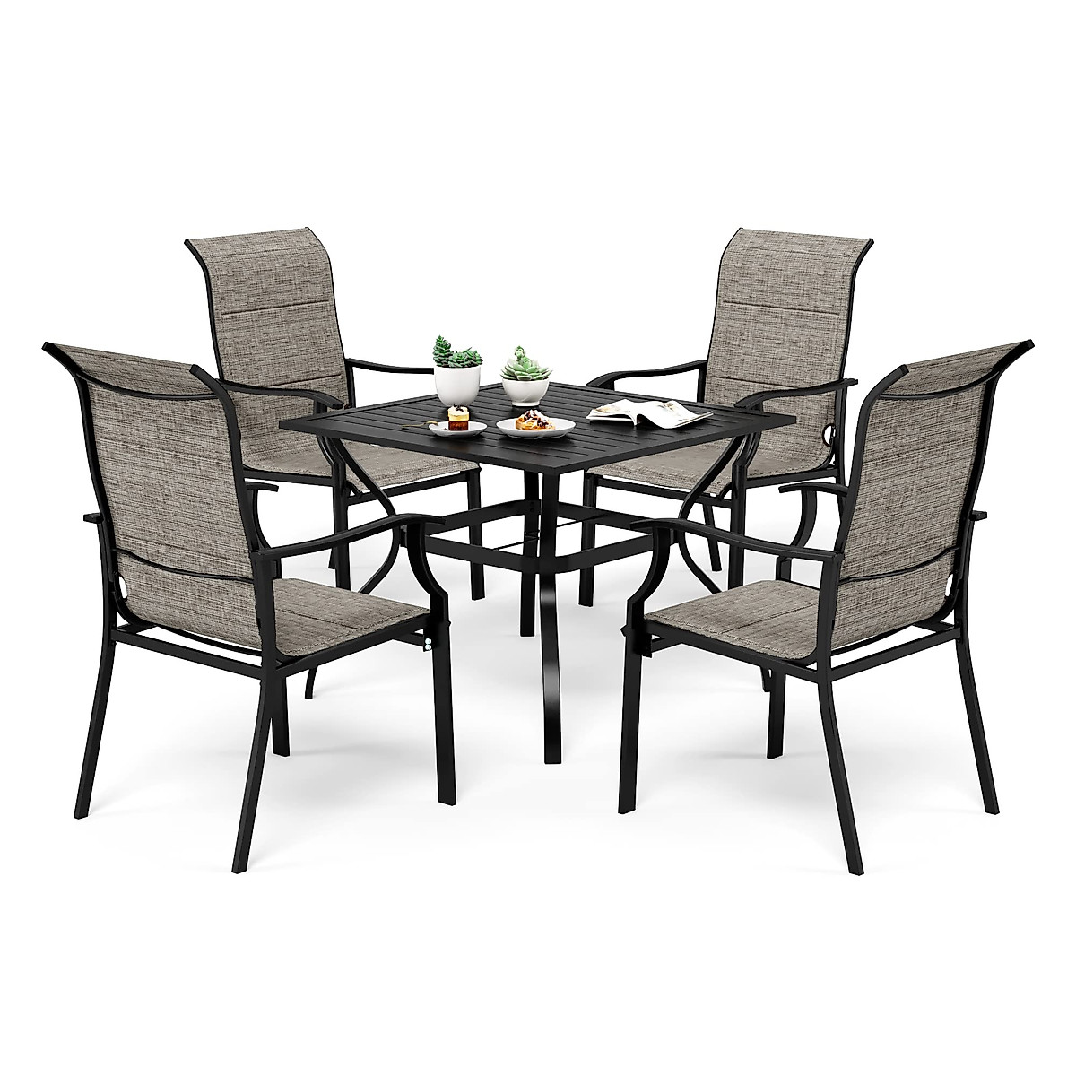MIXPATIO 5 Pieces Patio Dining Set, 4 People Outdoor Furniture Set, 37" Square Metal Table with 1.57" Umbrella Hole, 4 Padded Textilene Standard Chairs，for Deck Garden Backyard Lawn Poolside