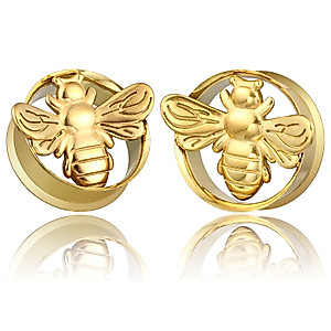 LADEMAYH 2Pcs 00 Gauges for Women, Cute Gold 00g Plugs Gauges for Ears, Bee Design 00g Tunnels Earrings Surgical Steel Gauges Size 00 Gauge Earrings
