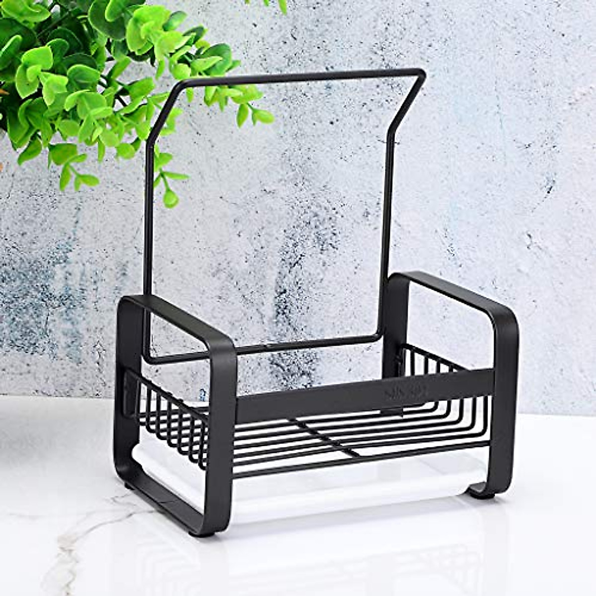 JUXYES Stainless Steel Sponge Holder with Dishcloth Drying Rack, Kitchen Sink Organizer Caddy Tray Sponge Brush Soap Holder with Removable Drain Tray for Kitchen (S, Black)