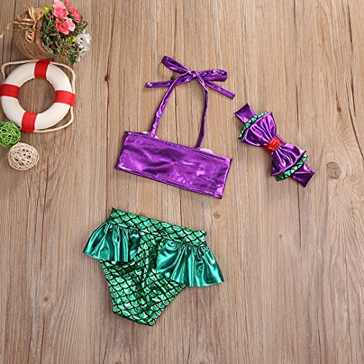 3Pcs/Set Kids Toddler Baby Girl Mermaid Swimsuits Halter Swimwear Bikini Set with Headband (Purple+Green, 70/3-6 Months)