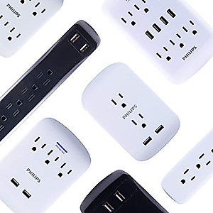 Philips 3-Outlet Extender with 2-USB Port Surge Protector, Charging Station, 900 Joules, Grounded Power Adapter, Indicator Light, 3-Prong, 2.4 AMP/12 Watt, ETL Listed, White, SPP6233WB/37
