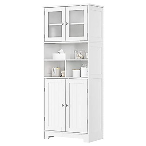 HORSTORS Tall Bathroom Cabinet, Freestanding Storage Cabinet with Glass Doors and Adjustable Shelf, Modern Linen for Bathroom, Living Room, Kitchen, White, 23.6" L x 11.8" D 58" H
