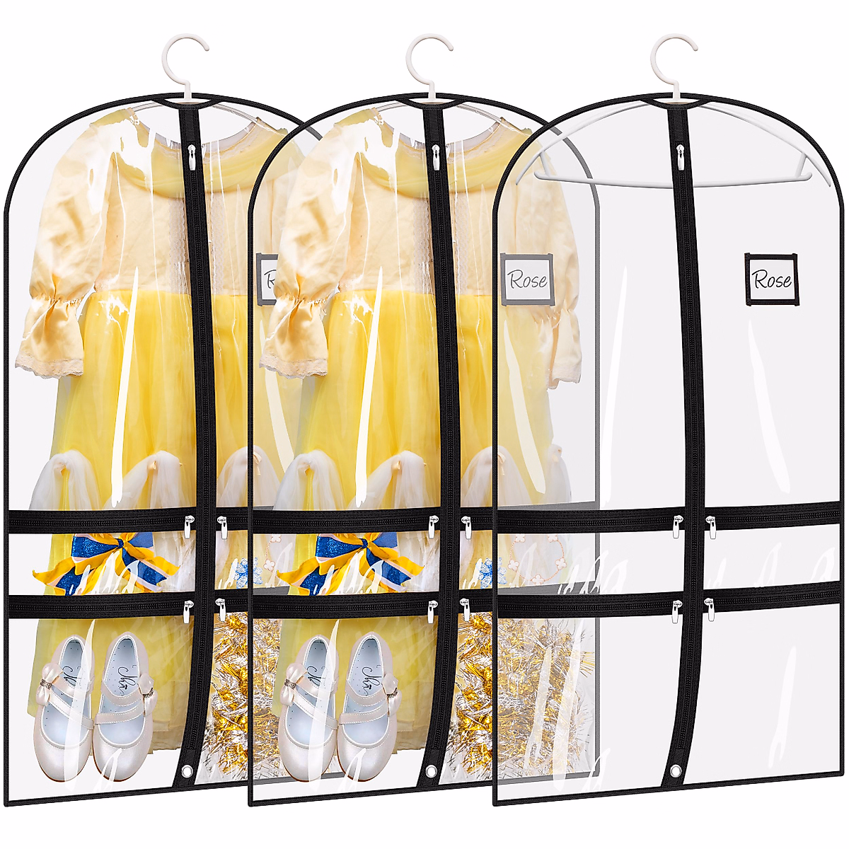 SLEEPING LAMB 3 Packs Clear Dance Garment Bags for Dancers with 4 Pockets, 40" Kids Dance Costume Garment Bag, Hanging Clothes Cover for Dance Competition, Recital, Travel & Closet Storage, Black