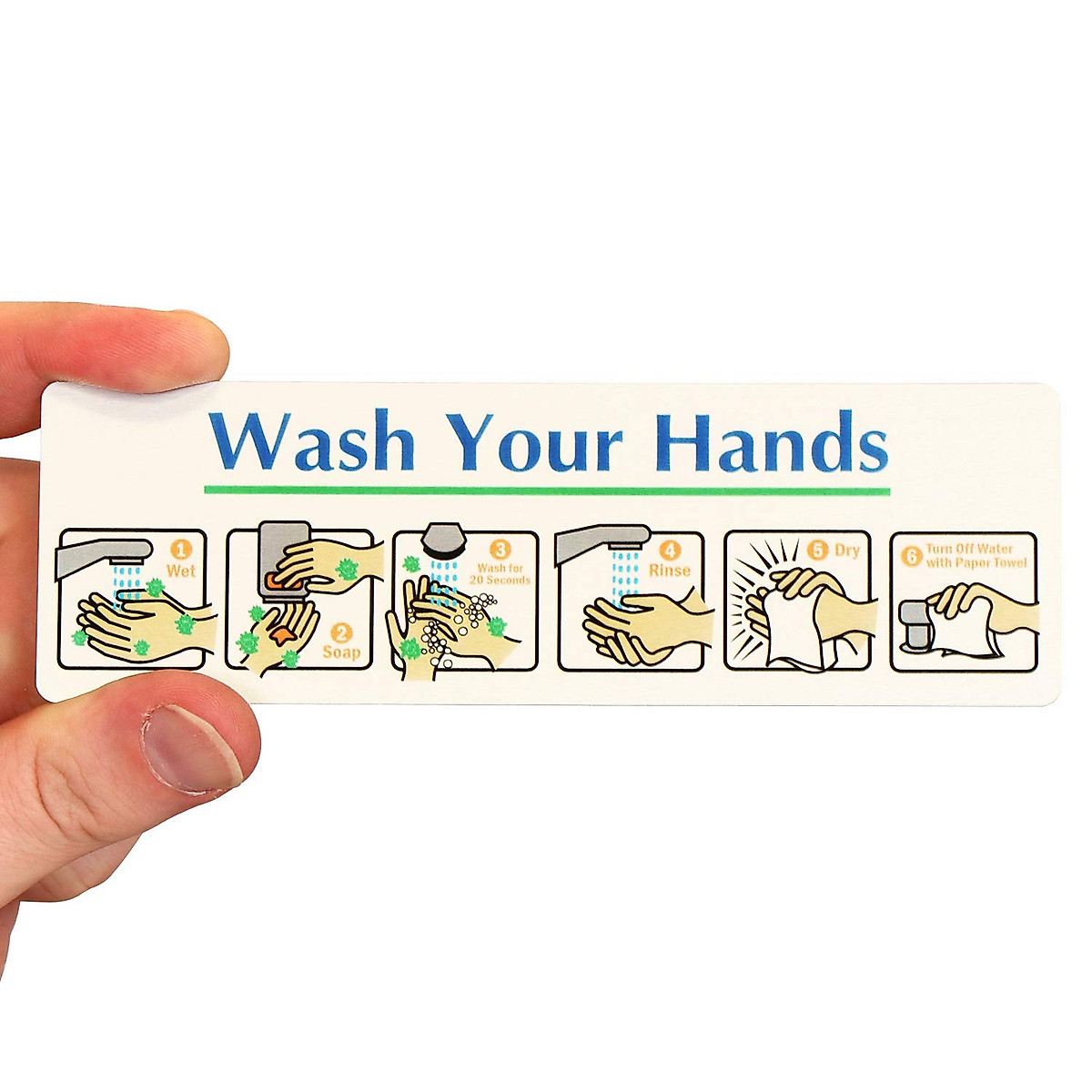 SmartSign 2 x 6 inch “Wash Your Hands” Hand Washing Instructions Sign with Adhesive Backing for Bathroom, Matte Finish, 32 mil Anodized Aluminum, Multicolor, Made in USA