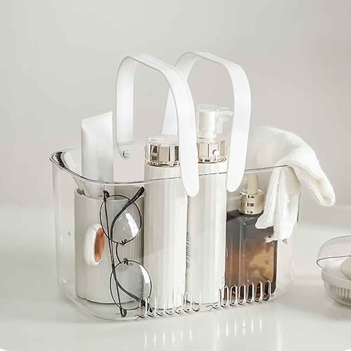 Transparent Multifunctional Shower Caddy Basket, Portable Handle, Waterproof, PET & PP Material, for Bathroom Use