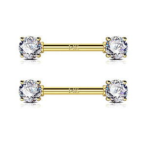 OUFER 2PCS Nipple Rings, 14K Solid Gold Nipple Piercing Jewelry, Clear CZ Nipple Piercing, 14G Nipple Barbells, Nipple Rings For Women Men