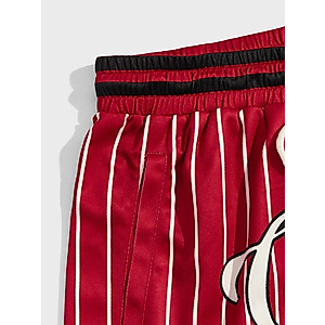GORGLITTER Men's Striped Letter Graphic Drawstring Waist Shorts with Pockets Burgundy Medium