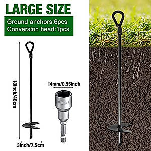 Tondiamo 18 Inch Long Ground Anchor Kit, 3 Inch Wide Helix, Heavy Duty Earth Augers Solid Steel Shaft with Drill Bit for Tents, Swing Sets, Securing Animals, Canopies, Trampoline, Sheds (Black, 6 Pcs)