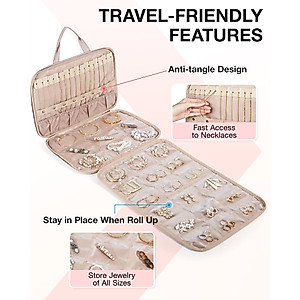 BAGSMART Travel Jewelry Organizer Case,Hanging Roll Jewelry Bag for Travel with Pockets,Large Capacity Jewelry Roll Bag for Rings,Necklaces,Earrings,Bracelets,Bracelets,Portable Travel Essentials,Pink