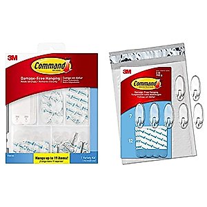 Command Variety Pack, Picture Hanging Strips, Wire Hooks and Wall Hooks, Damage Free Hanging Clear Variety Pack for Up to 19 Items, 1 Kit & CL091-7NA Clear Medium Hooks, 7 Count