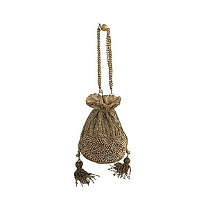 Women Handmade Beadwork Motif, Indian Potli Bag, Drawstring Bucket Bag, Bridal Evening Purse In Gold (Gold #1)