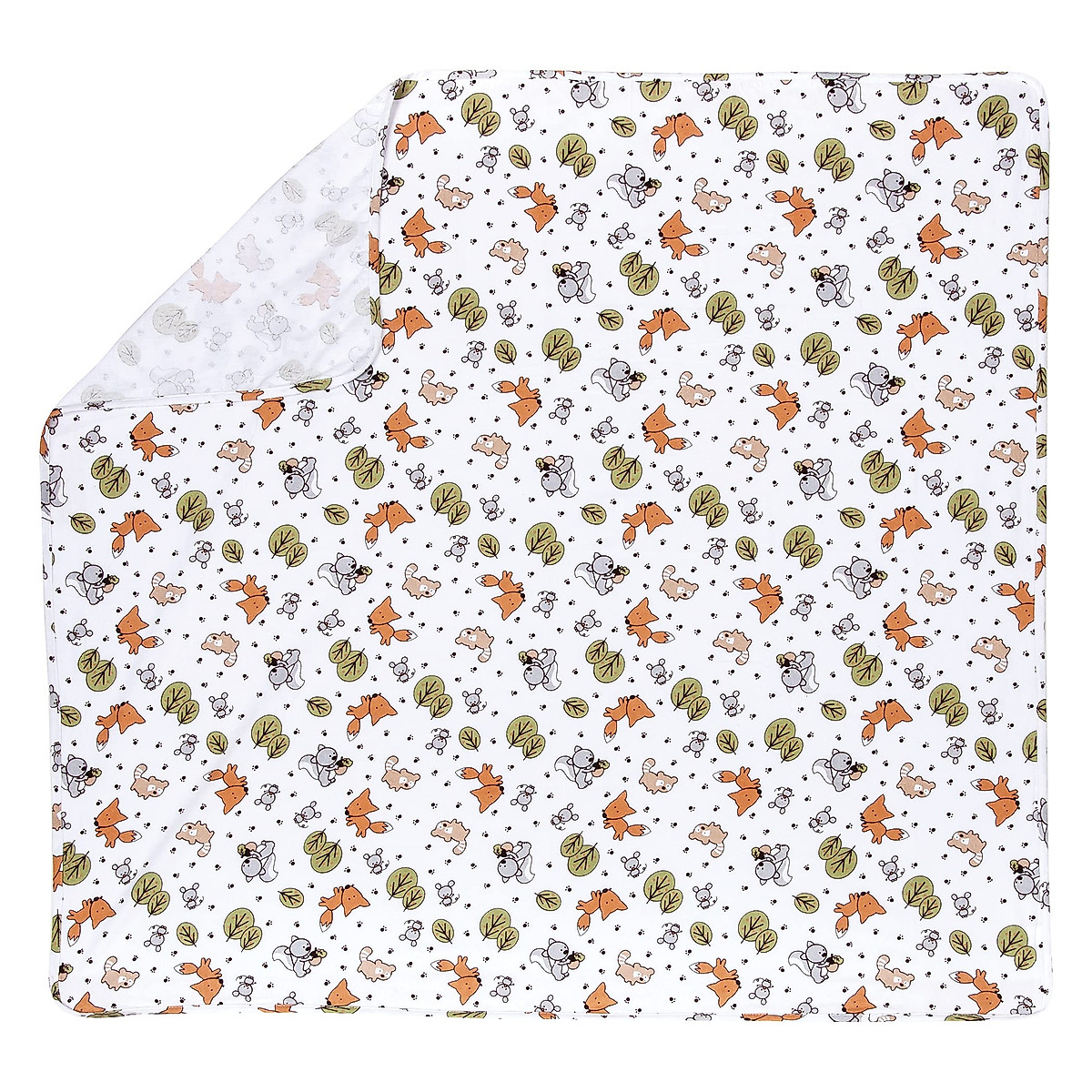 Friendly Forest Deluxe Flannel Swaddle Blanket - Forest Animals Scatter Print Cotton Flannel, Orange, Green, Tan, Gray and White, 48 in x 48 in