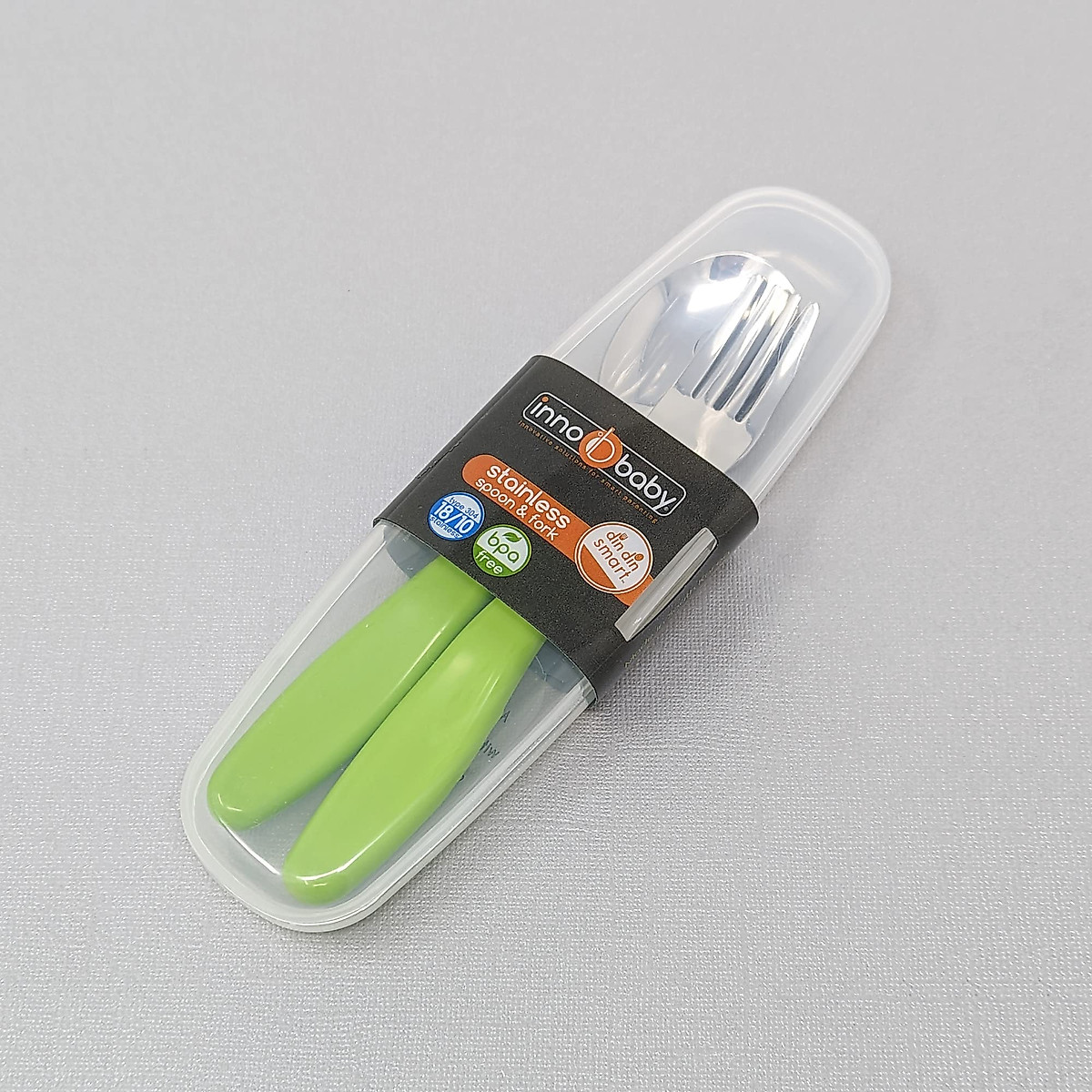 Innobaby Din Din Smart EZ Grip Spoon and Fork with Carrying Case, Utensil Set for Kids and Toddlers, BPA Free (Green)