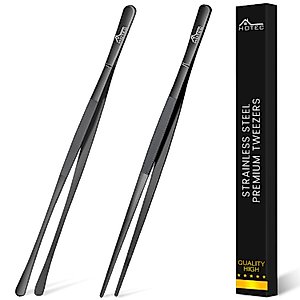 Hotec Kitchen Tweezers Stainless Steel Fine Kitchen Tongs for Cooking, 12-Inch Extra-Long Cooking Tweezers Food Tongs Set of 2, Black