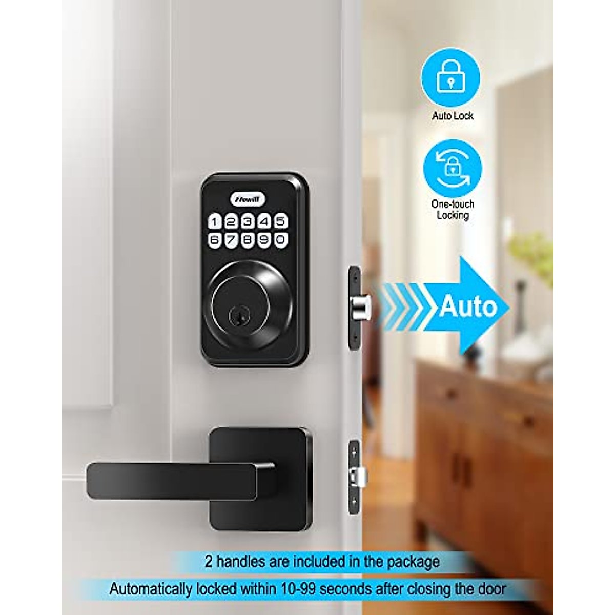 Keyless Entry Door Lock with 2 Handles, Zowill Electronic Keypad Deadbolt, Auto-Locking, Anti-Peeping Password, Digital Smart Code Door Lock, Front Door Handle Sets, Matte Black