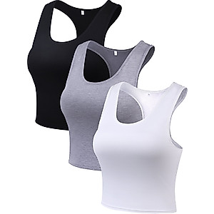 3-Piece Women's Crop Top Set, Workout Sleeveless Racerback Tanks - Black, White, Grey (X-Large)