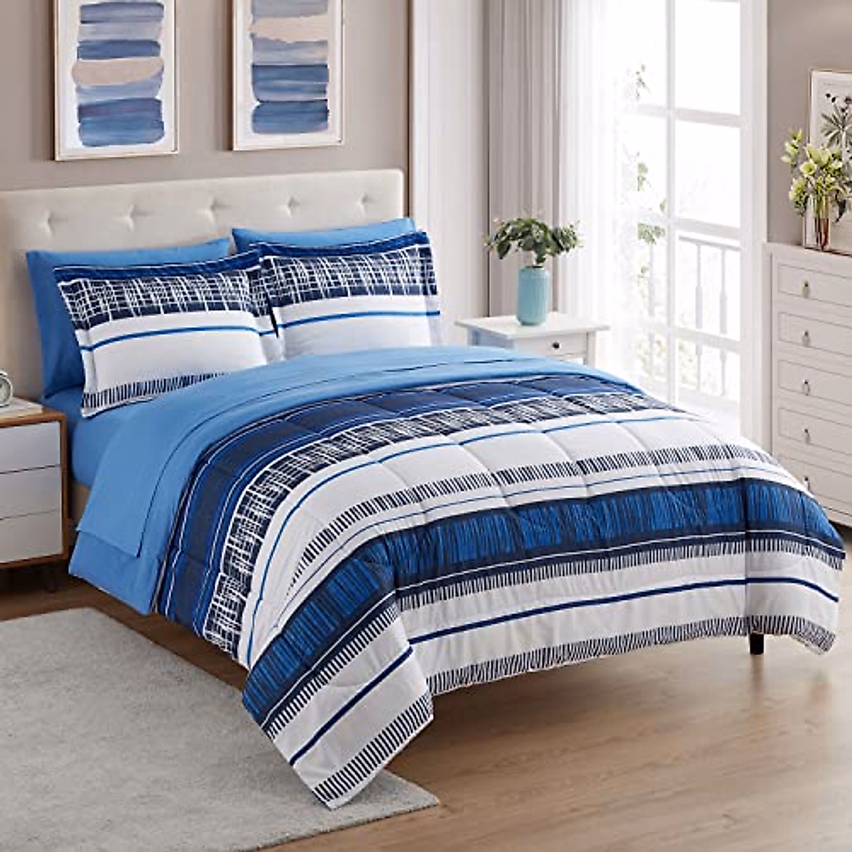 Sweet Home Collection 7 Piece Comforter Set Bag Solid Color All Season Soft Down Alternative Blanket & Luxurious Microfiber Bed Sheets, Mediterranean, King