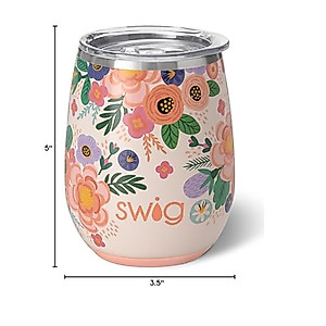 Swig Life 14oz Stemless Wine Cup, Insulated Wine Tumbler with Lid, Stainless Steel Travel Tumbler (Full Bloom)