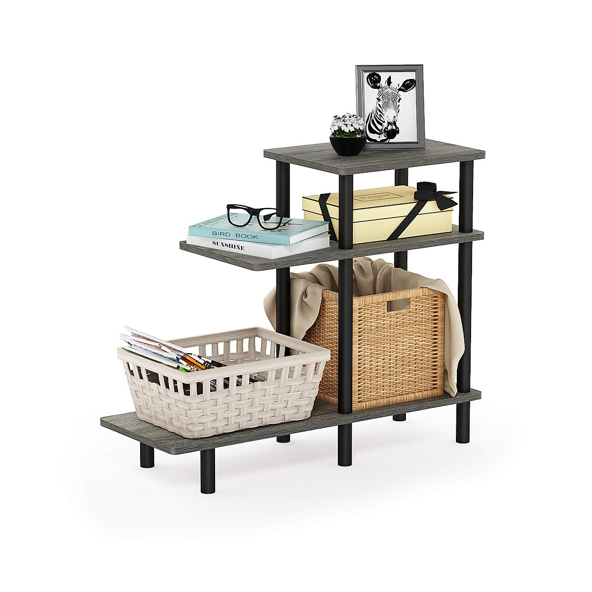 Furinno Turn-N-Tube 3-Tier Sofa Side Table, French Oak Grey/Black