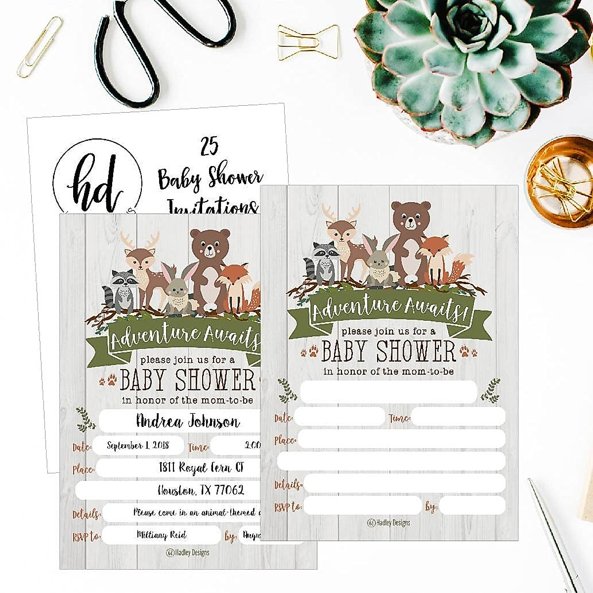 Hadley Designs 25 Cute Rustic Woodland Forest Invitations, 25 Books for Request Cards, Sprinkle Invite for Toddlers, Bring A Book Instead Of A Car, Invitation Inserts for Baby Shower
