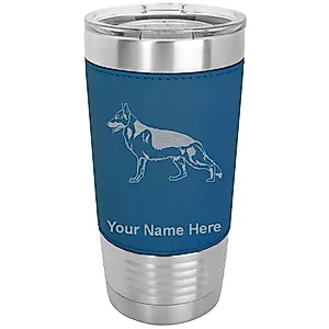LaserGram 20oz Vacuum Insulated Tumbler Mug, German Shepherd Dog, Personalized Engraving Included (Faux Leather, Blue)