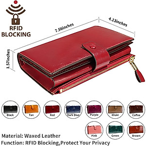 Itslife Womens Wallet RFID Blocking Large Capacity Luxury Wax Genuine Leather Wallets Clutch Wallet Ladies Card holder, Red