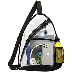 Clear Sling Bag, Stadium Approved Clear Sling Backpack, PVC Crossbody Shoulder Backpack, Transparent Casual Chest Daypack with Adjustable Strap for Men Women Outdoor Travel, Black