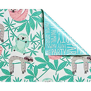 American Greetings Reversible Palms, Sloths, Flamingo Wrapping Paper for All Occasion, Green and Pink (3 Rolls, 120 sq. ft.)