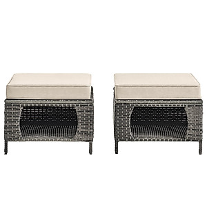 kuurfuurdo 2 Piece Storage Ottomans, Wicker Ottomans Outdoor Furniture for Patio, Backyard, Additional Seating, Footrest, Side Table with Storage, Removable Cushions