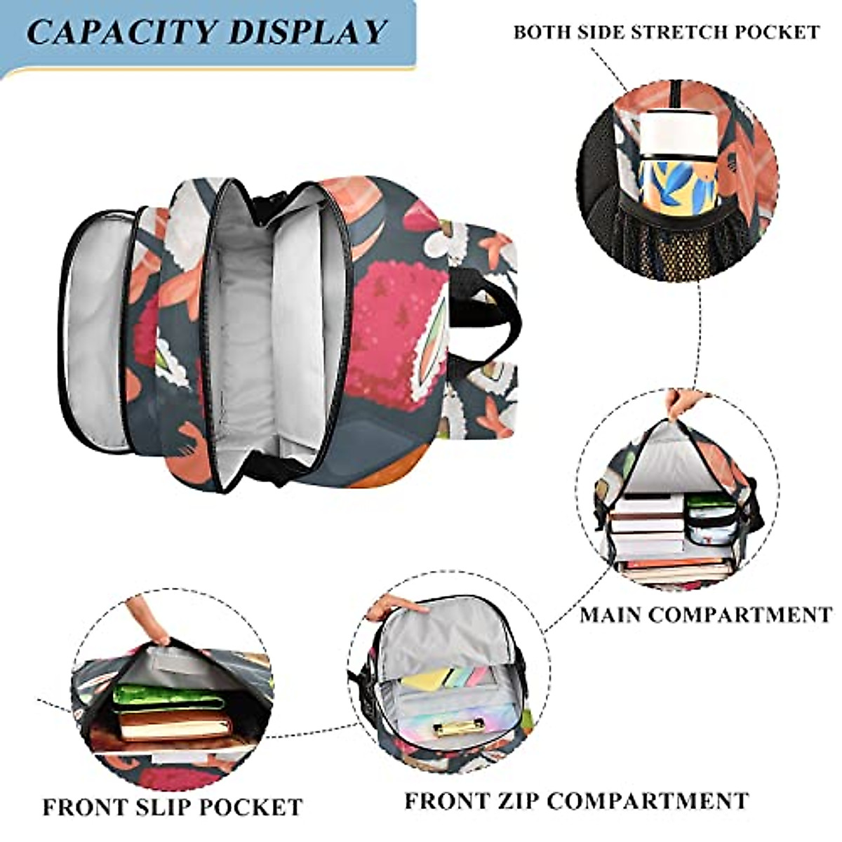 Glaphy Japanese Sushi and Rolls Backpack School Bag Lightweight Laptop Backpack Student Travel Daypack with Reflective Stripes