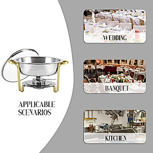 Restlrious Chafing Dish Buffet Set 2 Pack Round Stainless Steel Foldable Chafers and Buffet Warmers Sets Glass Lid in Gold Accents for Catering, 5 QT Full Size Set w/Water Pan, Food Pan, Fuel Holder