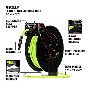 Flexzilla Open Face Retractable Air Hose Reel, 3/8 in. x 50 ft., Heavy Duty, Lightweight, Hybrid, ZillaGreen - L8611FZ