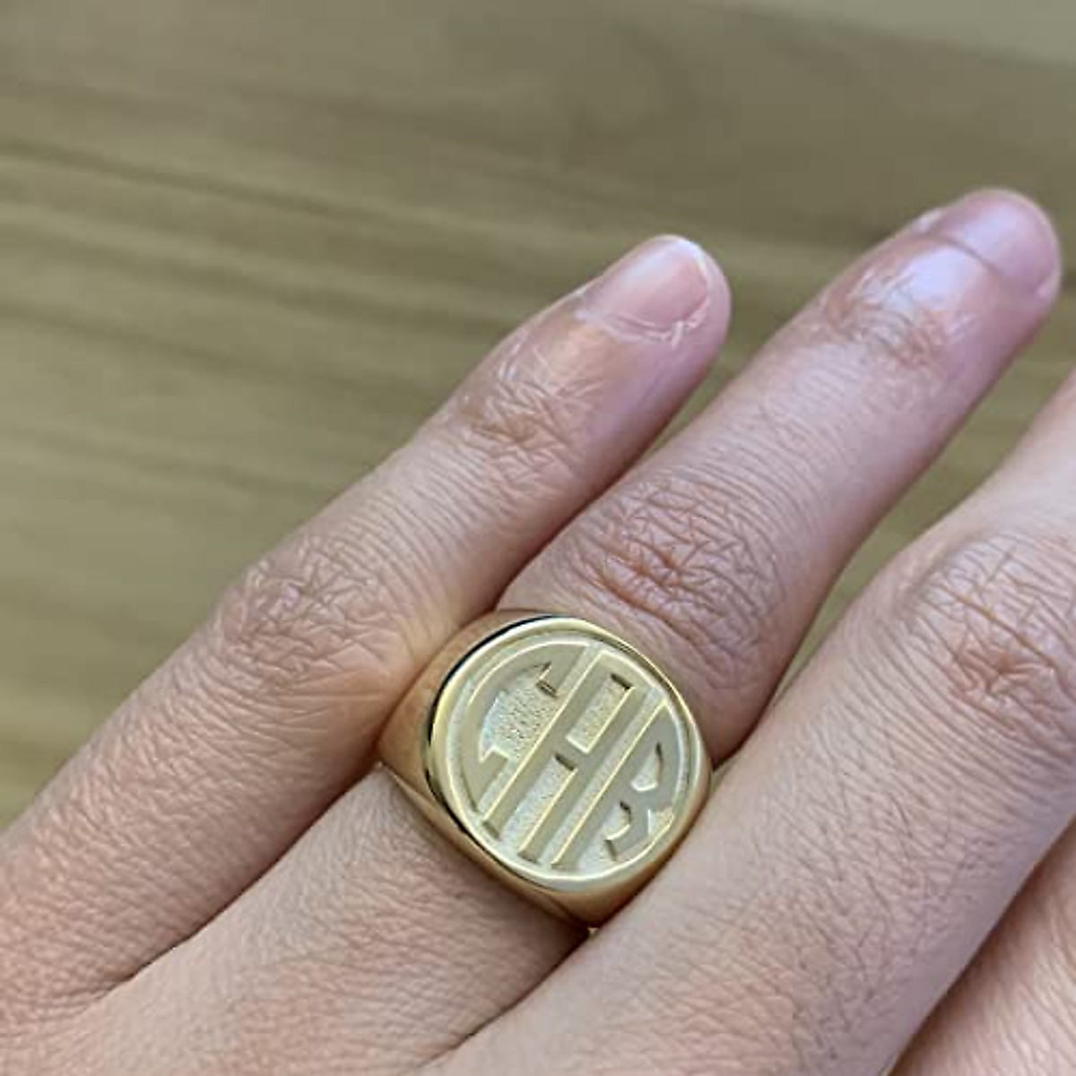 Elefezar 925 Silver Personalized Signet Ring with Block Letter Monogram Custom with 3 Initials (Gold)