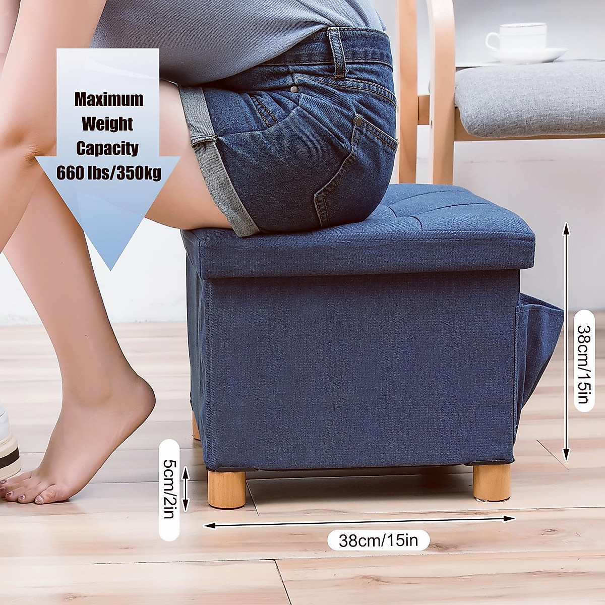 Wamnexti Denim Storage Ottoman Cube with Side Pouch, Foldable Tufted Denim Foot Rest Stool/Seat with Legs, Coffee Table Multipurpose Sofa for Living Room, Bedroom (Navy, 15'')