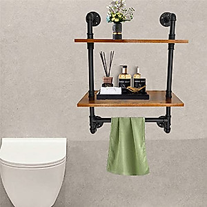 Industrial Pipe Shelving,Iron Pipe Shelves Industrial Bathroom Shelves with Towel bar,20 in Rustic Metal Pipe Floating Shelves Pipe Wall Shelf,2 Tier Industrial Shelf Wall Mounted