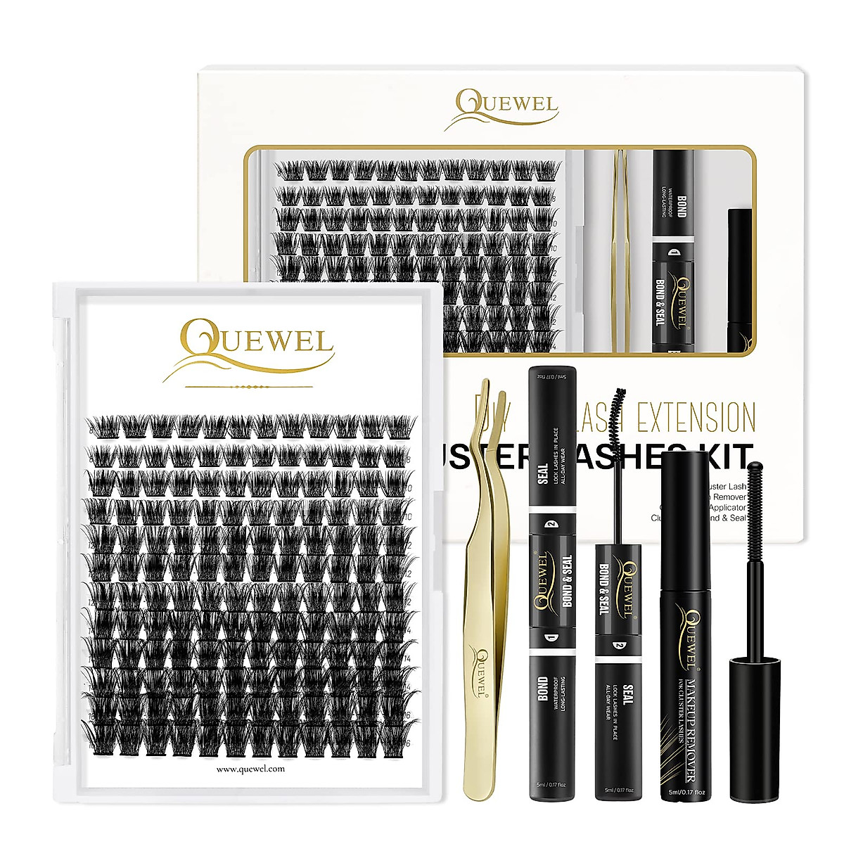 QUEWEL DIY Eyelash Extensions Kit, Lash Clusters 144 Pcs, Applicator Tool, Super Hold Cluster Lashes Bond and Seal, Glue Remover Easy to Apply at Home(Honey01-Kit)