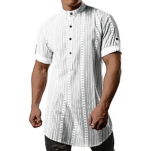 JOGAL Mens Striped Henley Shirt Short Sleeve Traditional African Style Dashiki Shirts White X-Large