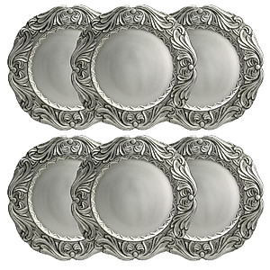 Leemxiiny Antique Silver Charger Plates with Embossed Edge, Plastic Flora Decorative Chargers for Dinner Plates Set of 6 Bulk Wedding for Table Setting, Party, Holiday