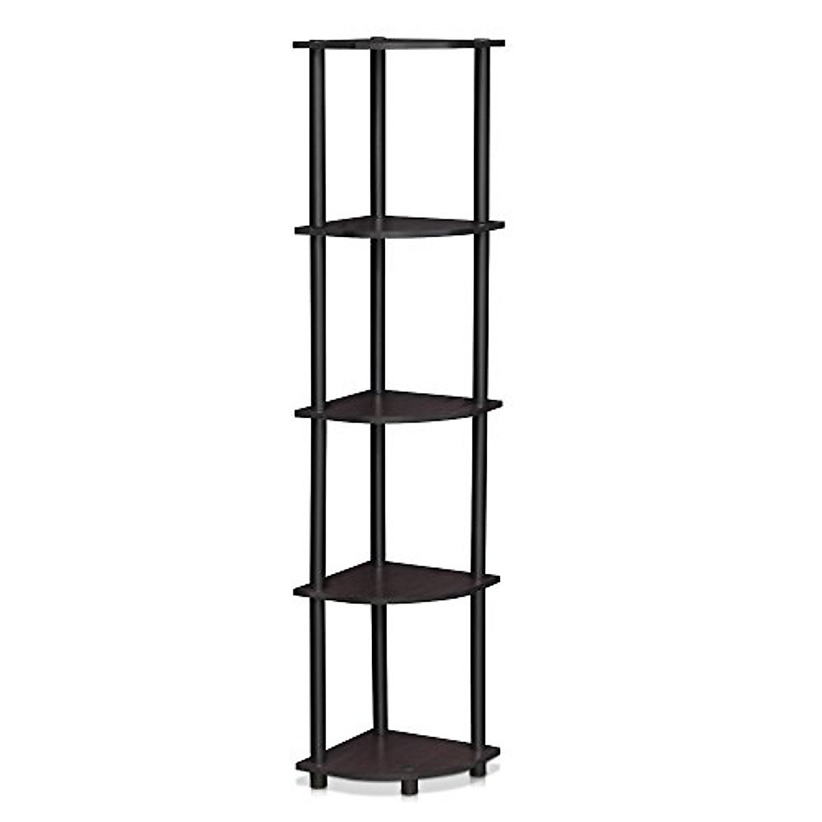 Furinno Turn-N-Tube 5 Tier Corner Display Rack Multipurpose Shelving Unit, 1-Pack, Dark Walnut & Turn-N-Tube 4-Tier Multipurpose Shelf Display Rack, Round Tubes, Dark Walnut