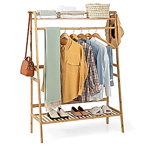 Tangkula Bamboo Clothing Rack with Storage Shelves, Freestanding Garment Rack with Top Shelf, Shoe Rack, 2 Hooks, Heavy-duty Clothing Storage Organizer for Bedroom, Entryway, Living Room, Natural