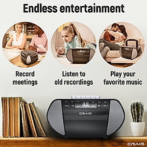 Craig Portable Top-Loading CD Boombox with AM/FM Stereo Radio and Cassette Player/Recorder in Black | Cassette Player/Recorder | LED Display (Black/Gray)