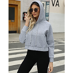 Gihuo Hoodies for Women Casual Waffle Cropped Sweatshirt Long Sleeve Drop Shoulder Drawstring Pullover Trendy Tops 2 Pockets (LightGrey-M)