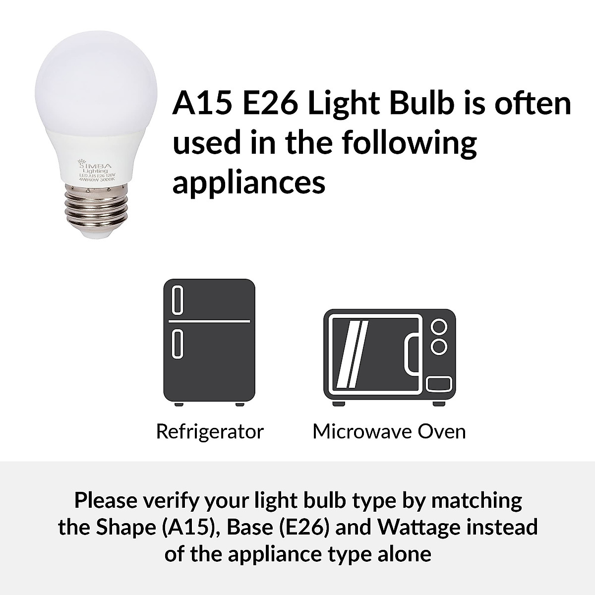 Simba Lighting LED A15 Refrigerator Light Bulbs (6-Pack) 4W 40W Replacement Small for Appliances, Freezers, Ceiling Fans, 120V, E26 Standard Medium Base, Frosted Cover, Not Dimmable, 3000K Soft White
